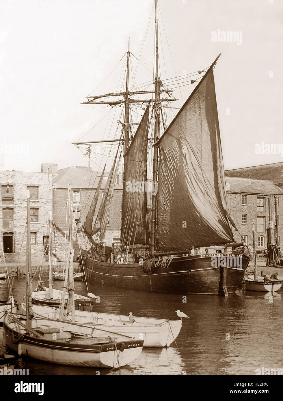 Sailing ship 'Snowflake' from Runcorn in Mevagissey Harbour - early ...