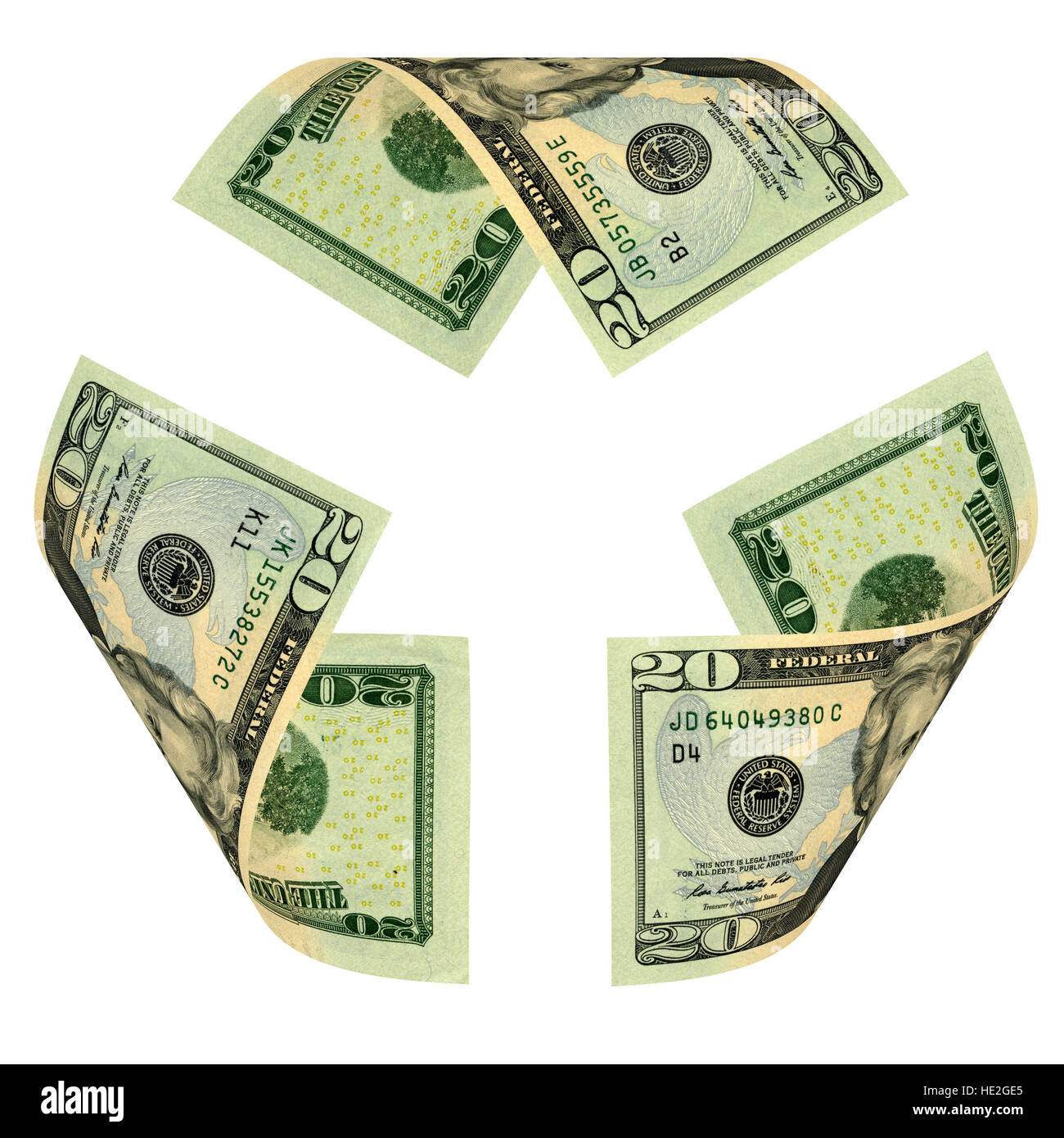 Dollar Bill Recycle Sign isolated on white. All banknotes are different ...