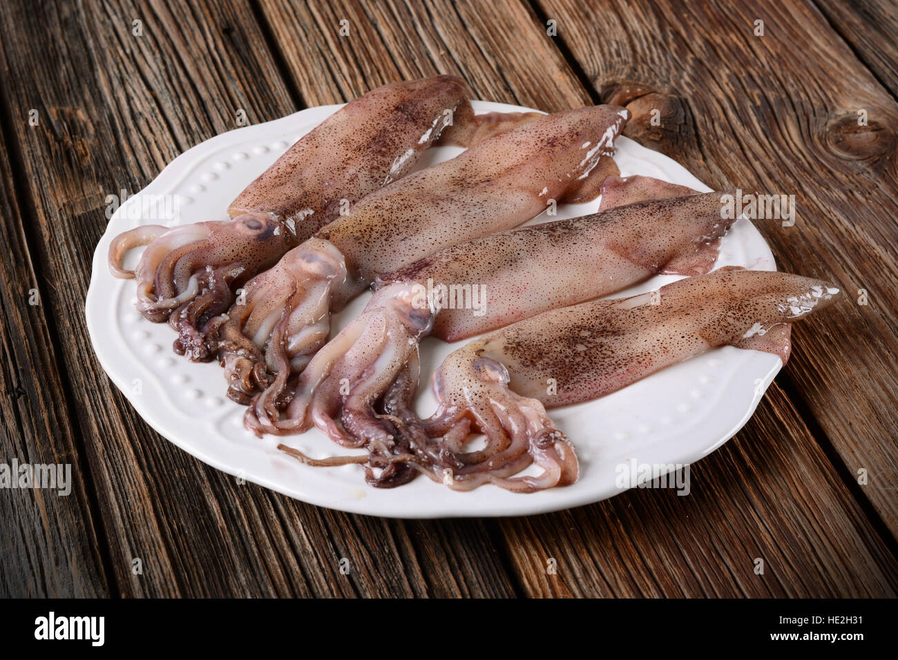 Fresh raw squid in white plate Stock Photo - Alamy