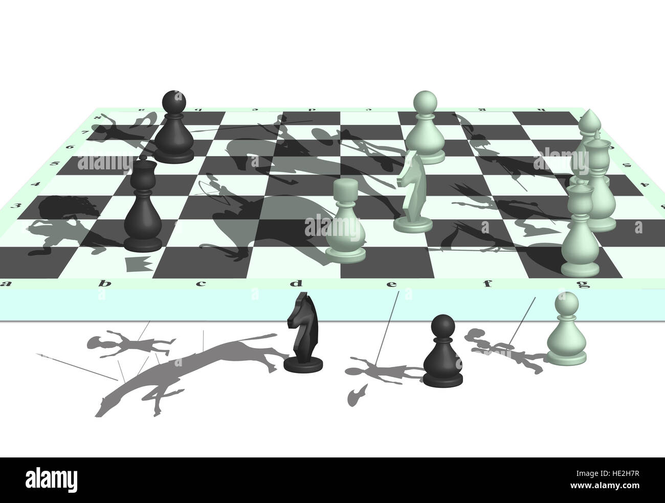 3D illustration of war on a chessboard with participation of chessmen ...