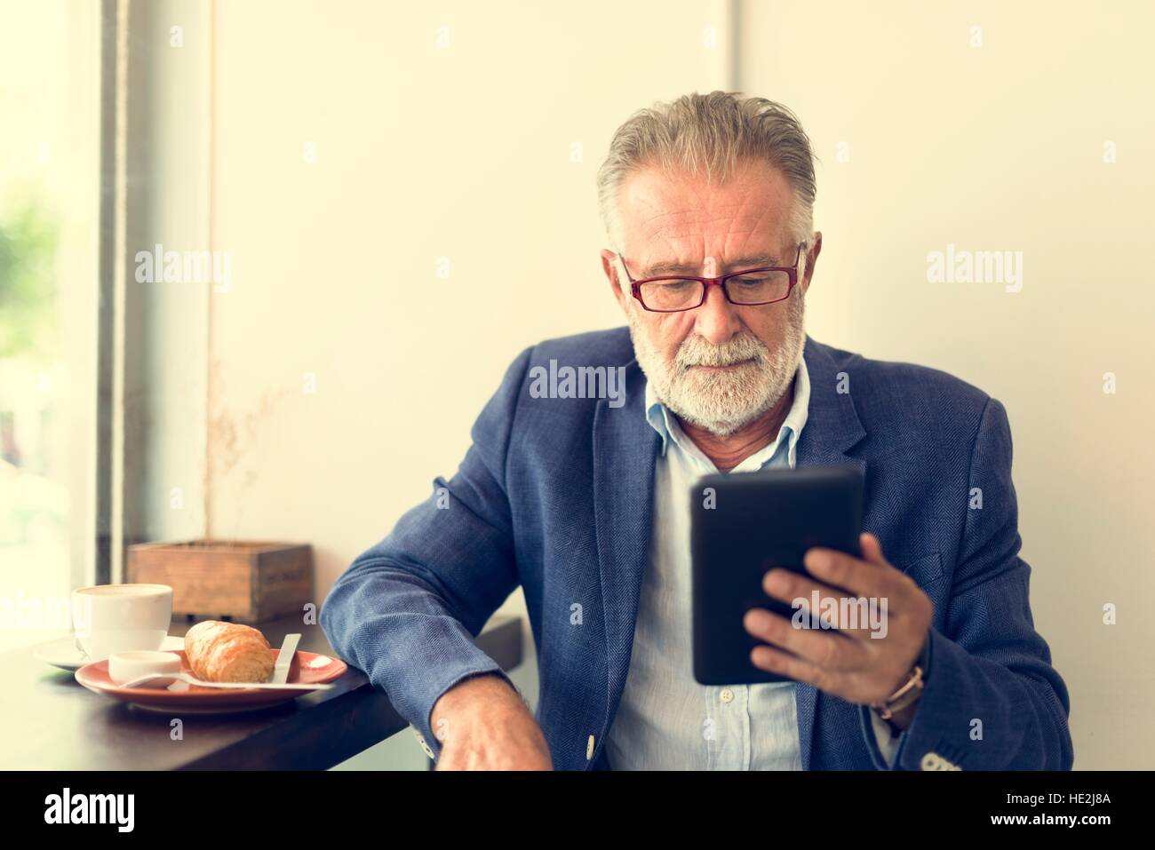 Senior Man Coffee Shop Communication Connection Technology Concept ...