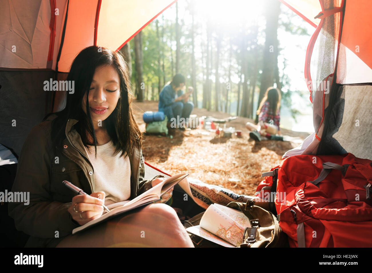 Woman Reading Traveling Destination Camping Concept Stock Photo - Alamy