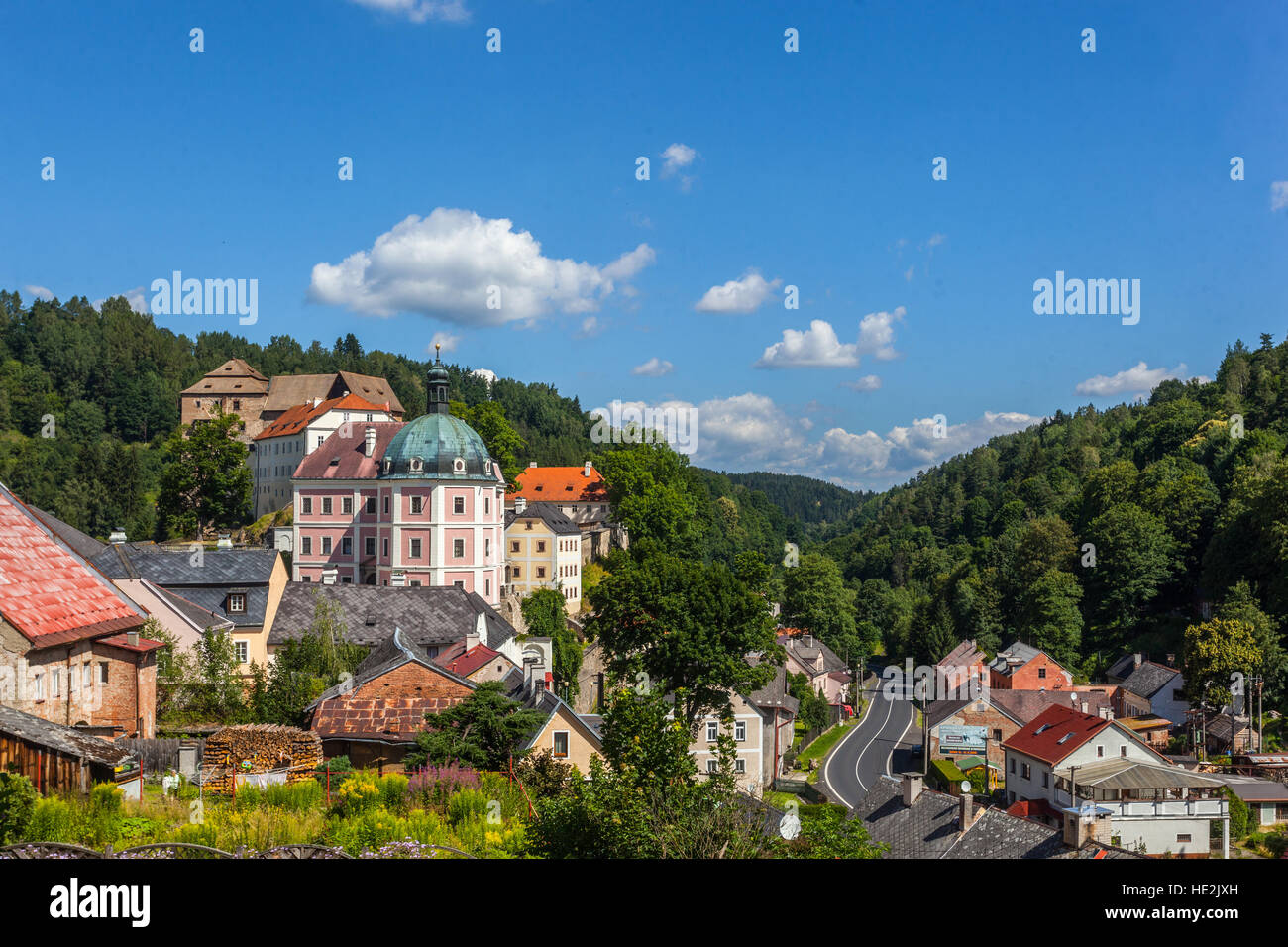 Czech landscape village Becov Nad Teplou skyline. Baroque and Gothic ...