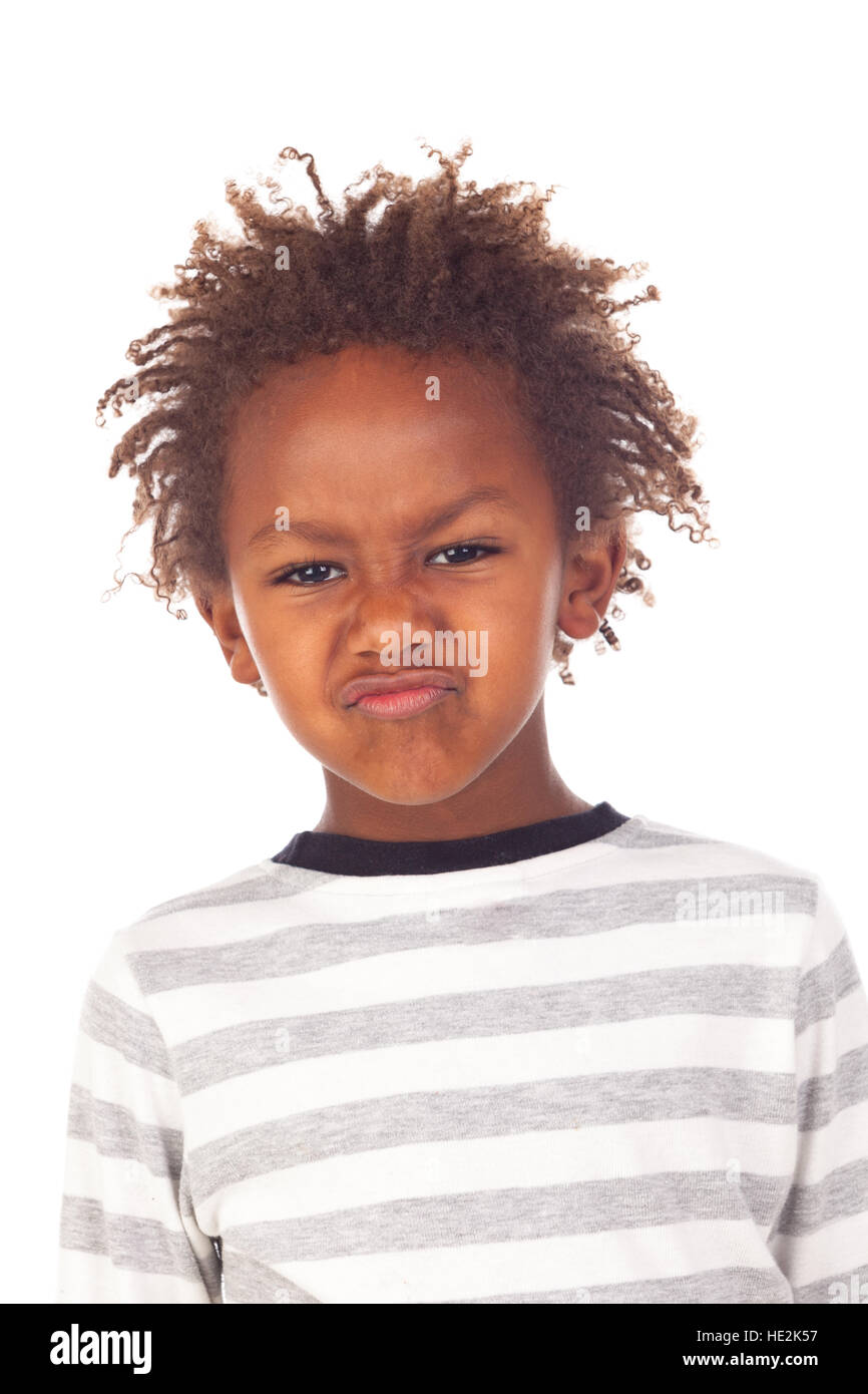 African child putting mean face isolated on white background Stock ...