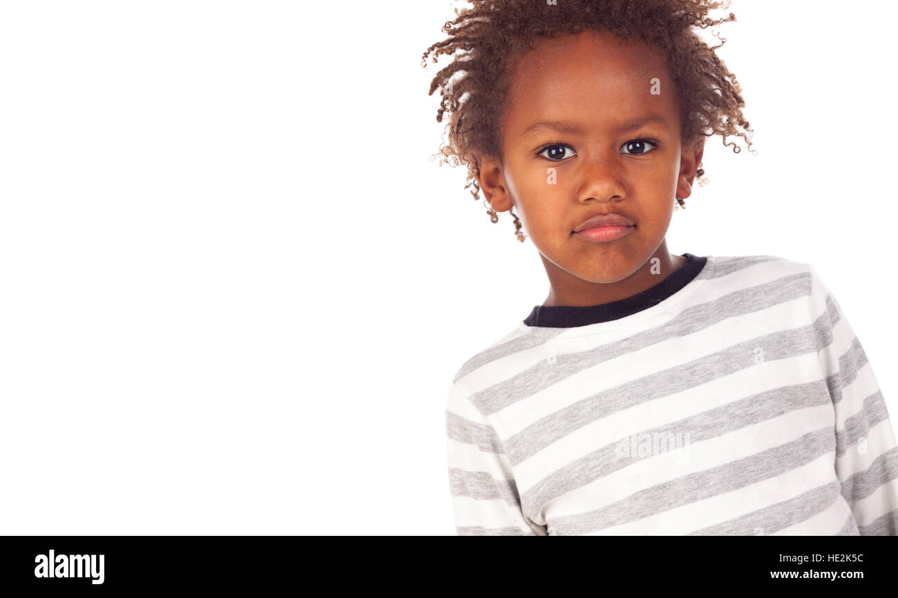 African child putting mean face isolated on white background Stock ...