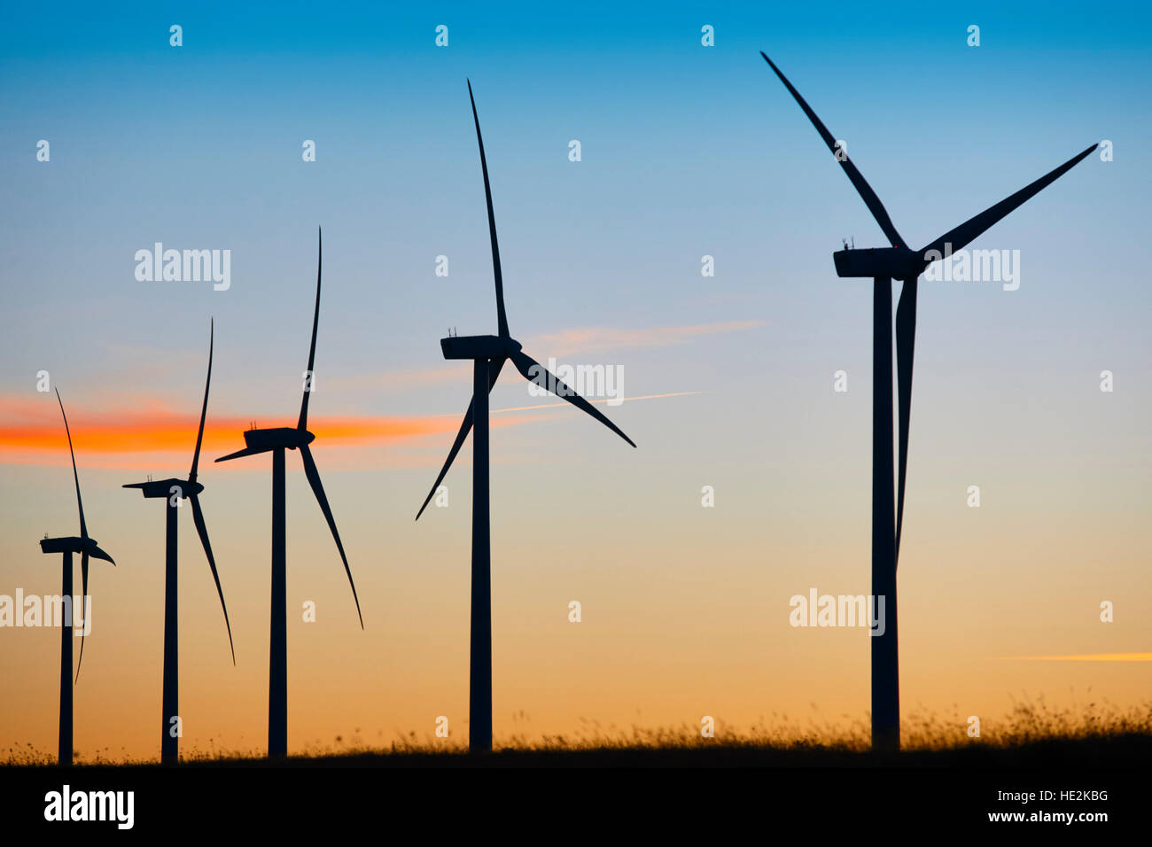 Wind turbines at sunset. Clean alternative renewable energy. Horizontal ...