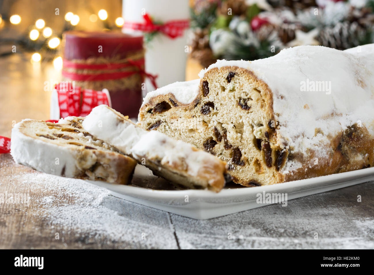 Christmas stollen. Traditional German Christmas dessert on wooden ...