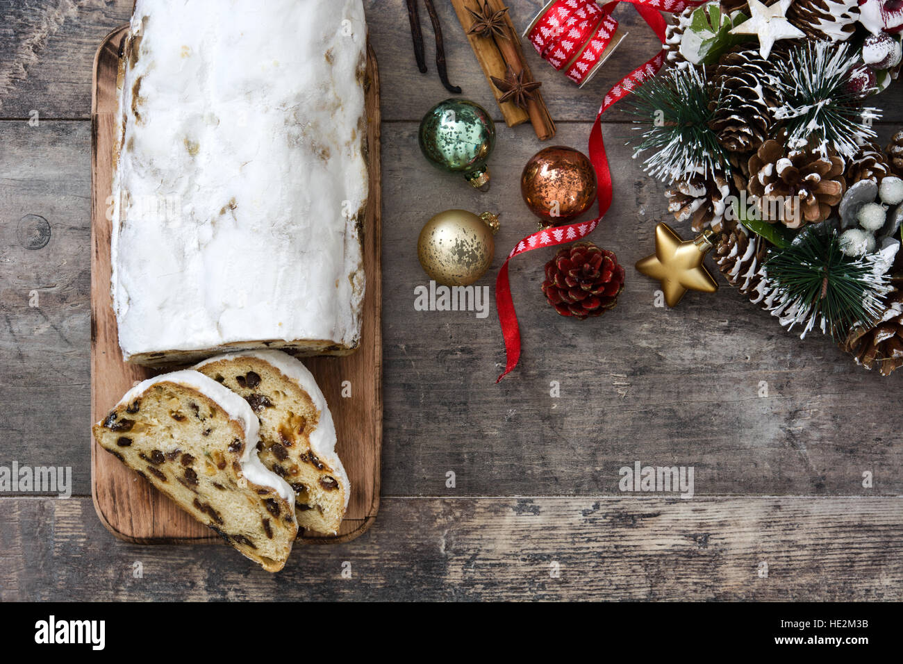 Christmas stollen. Traditional German Christmas dessert on wooden ...