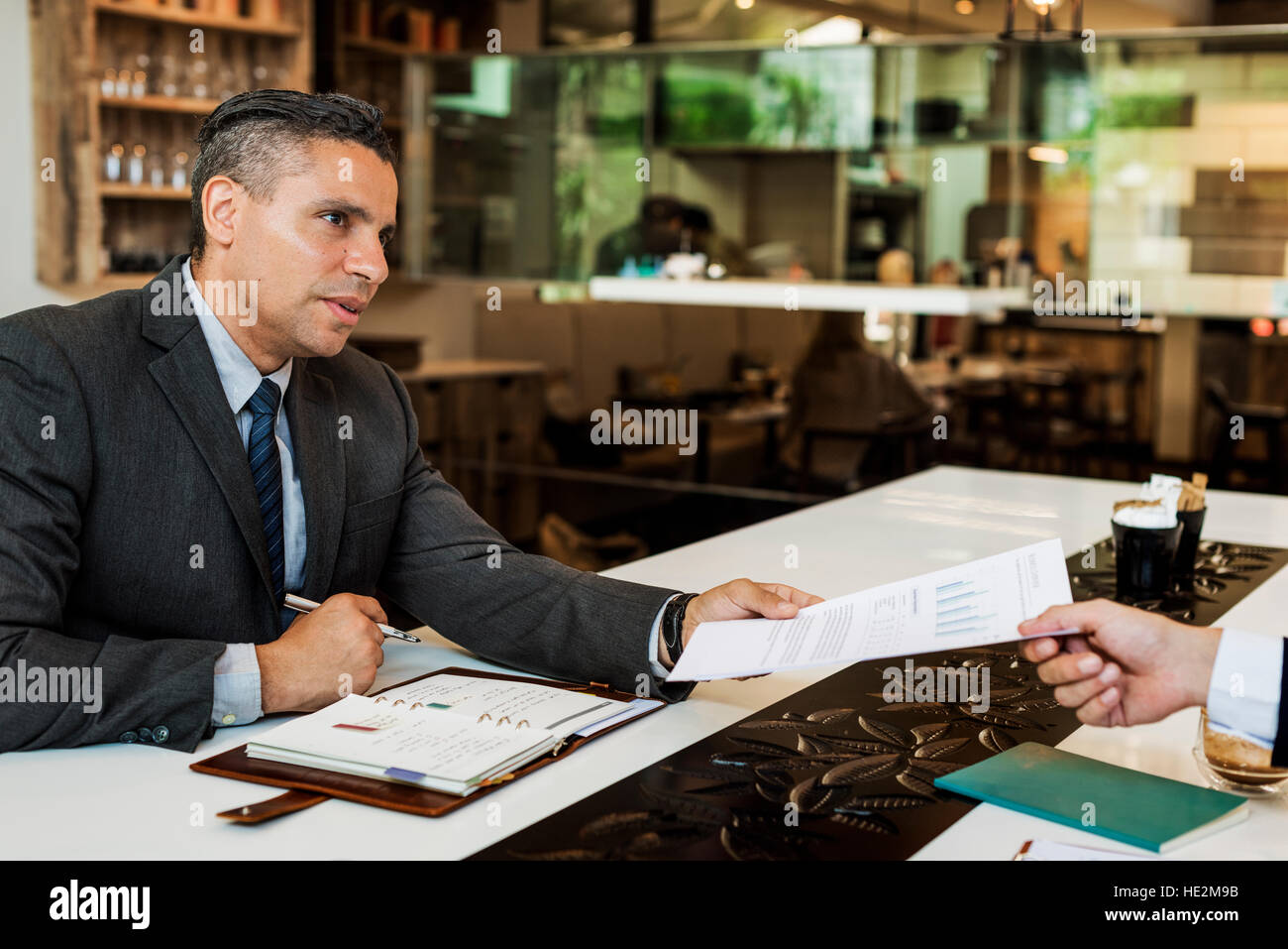 Business Man Handing Out Report Restaurant Table Concept Stock Photo ...