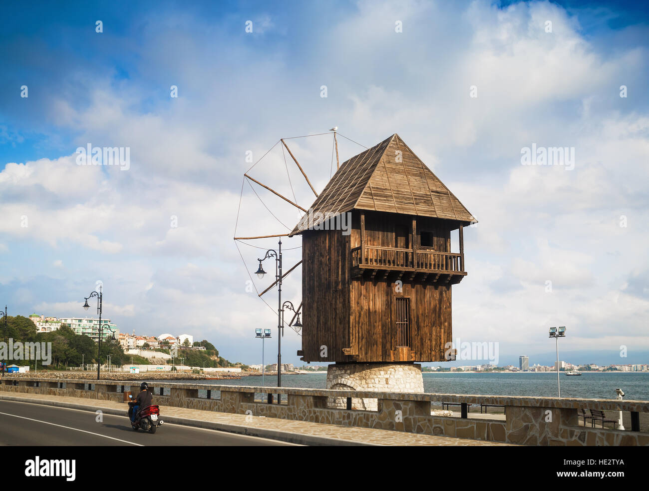 Old windmill in Nessebar in Bulgaria. Ancient wooden mill Stock Photo ...