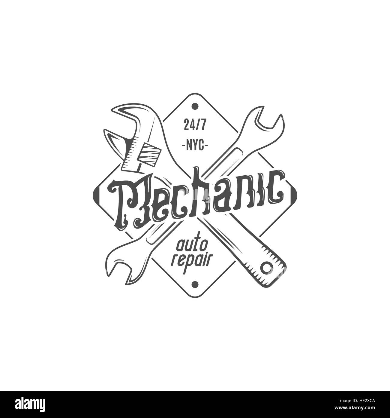 Vintage label design. Mechanic auto repair patch in old style with ...