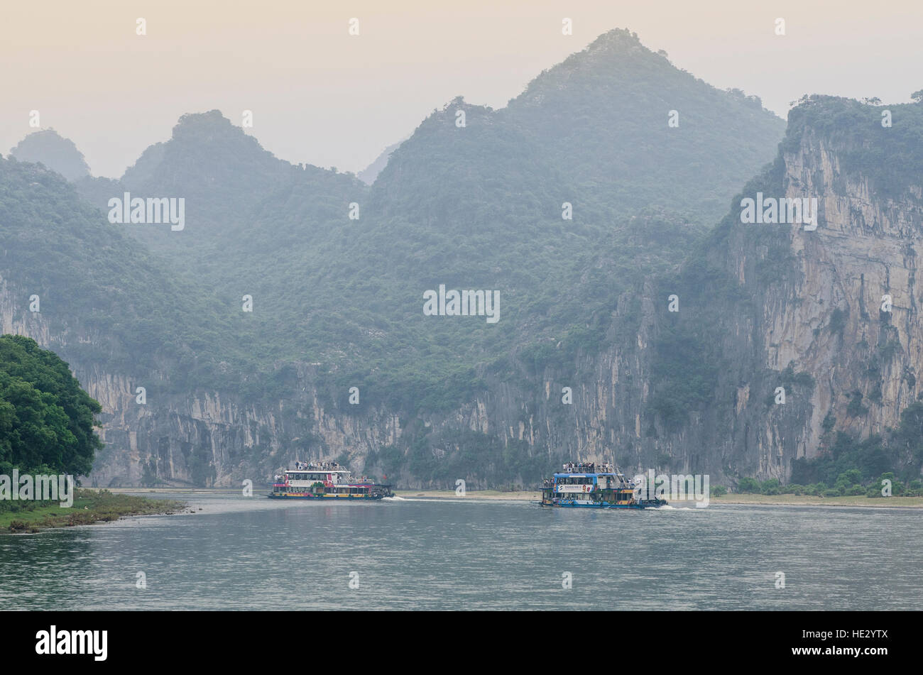 Karst landscape on Li River boat cruise yangshuo guilin guangxi, China ...
