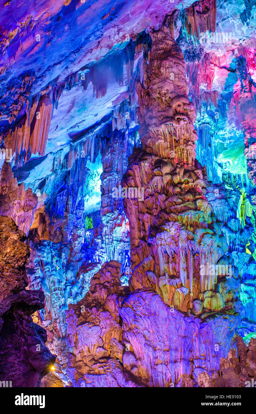 Stalagmites and stalactites in Reed Flute Cave Guilin, China Stock ...