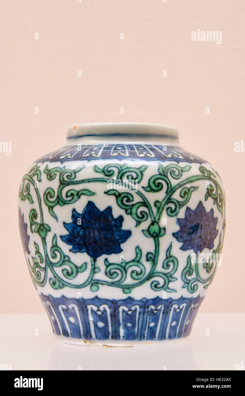 Ancient porcelain ceramic pottery jar vessel display with doucai design ...