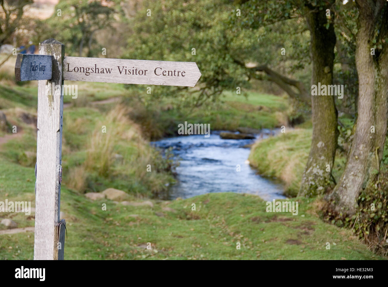 Sign post to the Longshaw Visitor Centre beside Burbage Brook on the ...