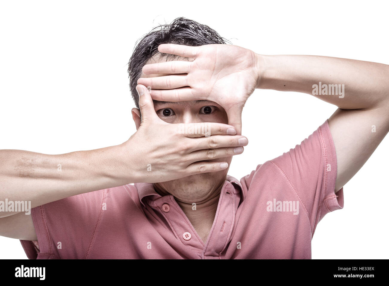 Facial expression : man with hands front of face Stock Photo - Alamy