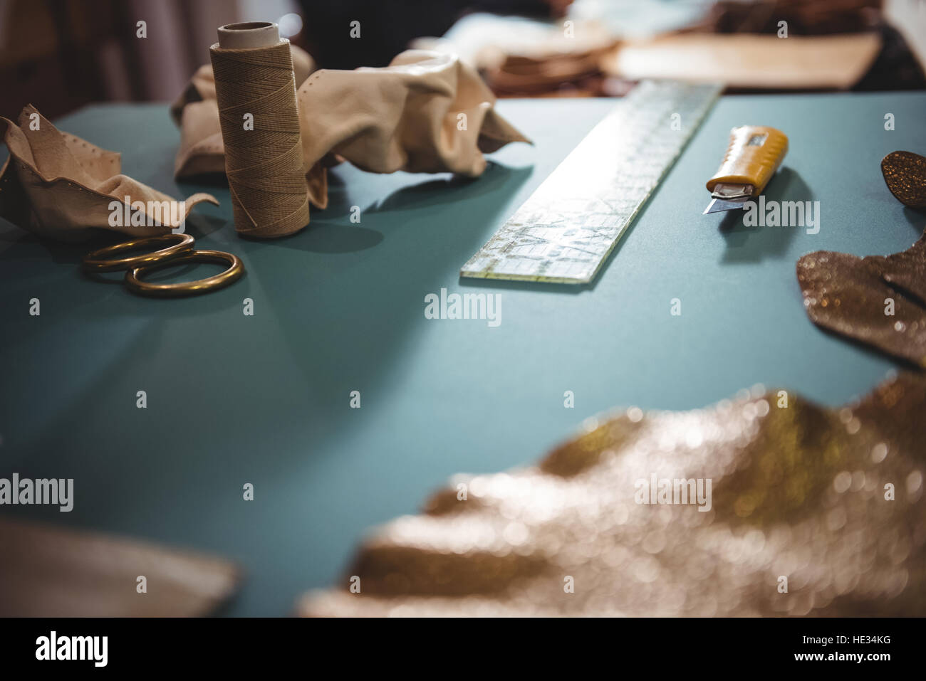 Various work tool on table in workshop Stock Photo - Alamy