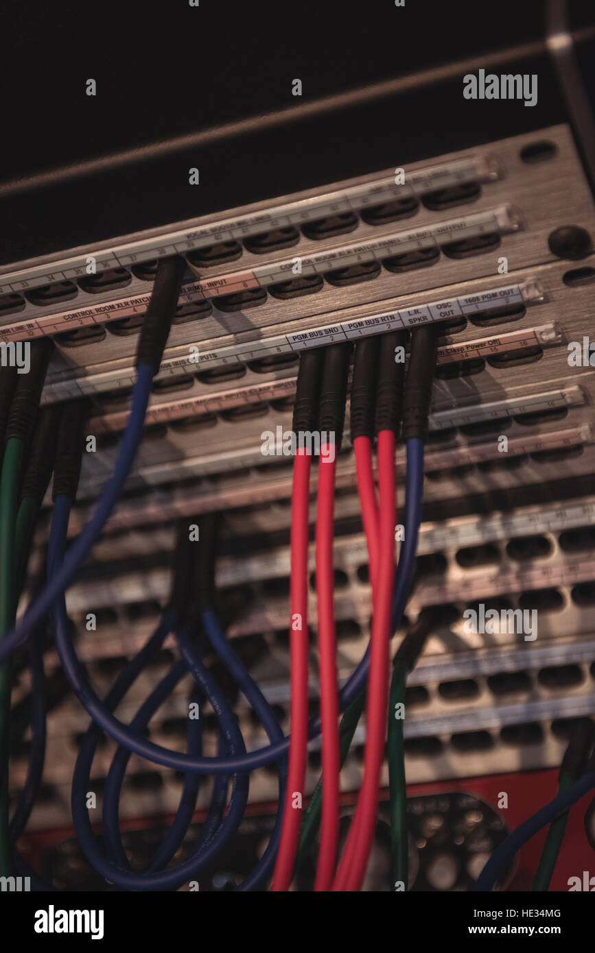 Close-up of audio cables connected to mixing console in recording ...
