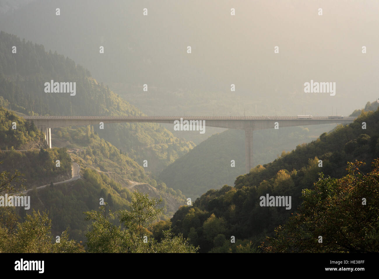 big bridge between two mountains in middle greece Stock Photo - Alamy