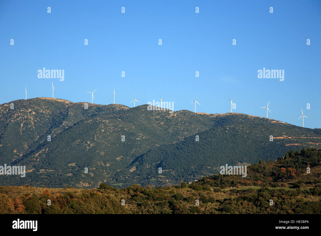 wind turbines on the top of mountains in greece Stock Photo - Alamy