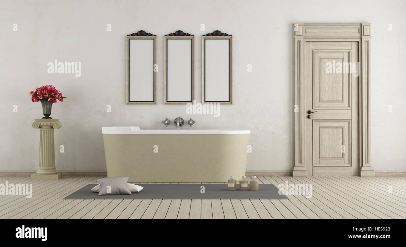 Classic Bathroom with stone bathtub,closed door and pedestal with roses ...