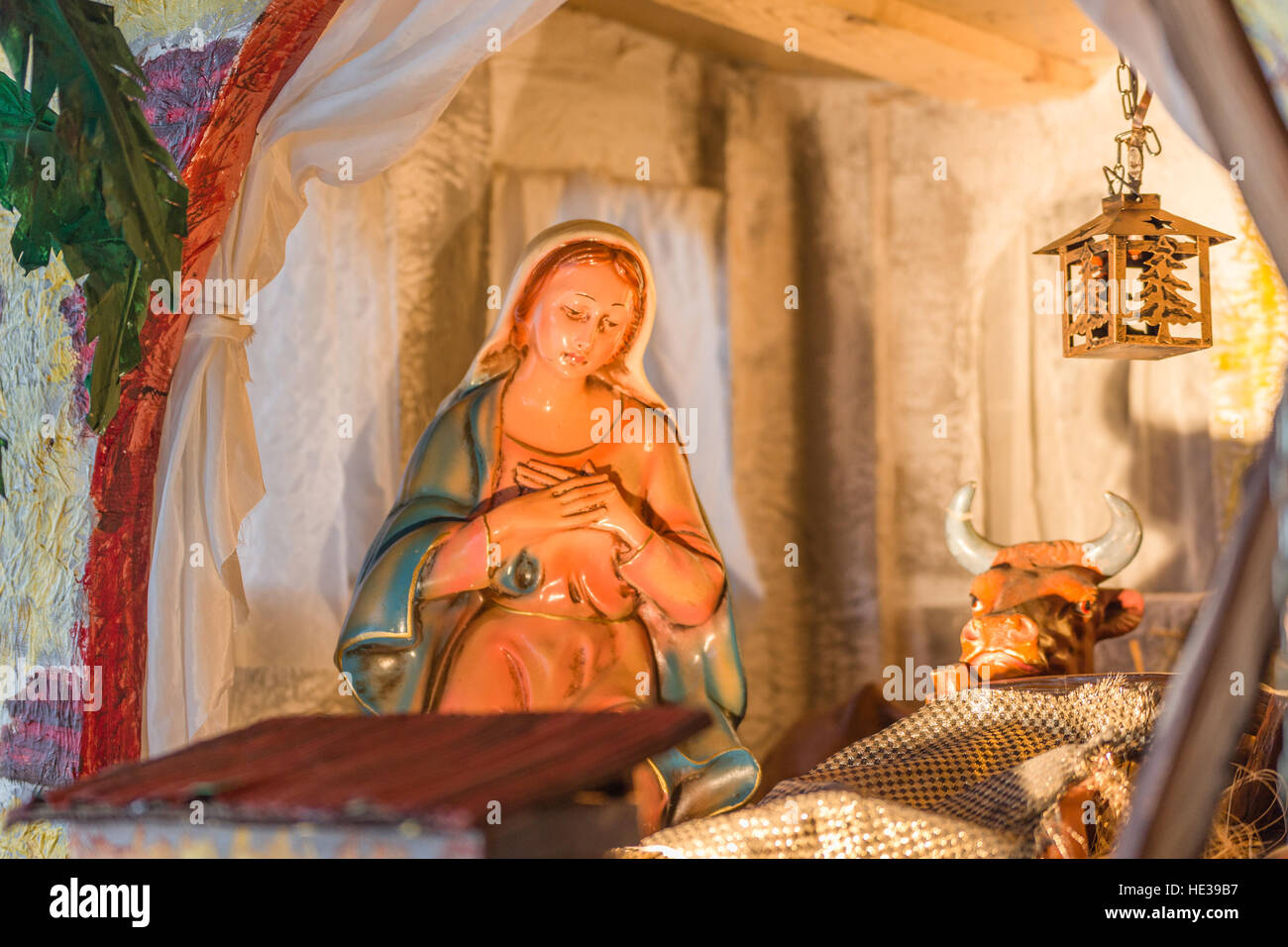Blessed Virgin Mary in Christmas Crib Stock Photo - Alamy