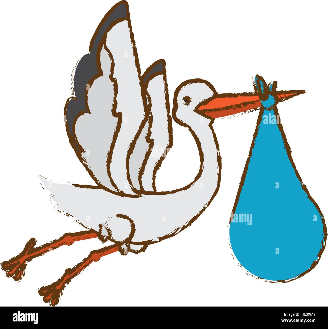 stork flying holding a bag with a baby icon over white background ...
