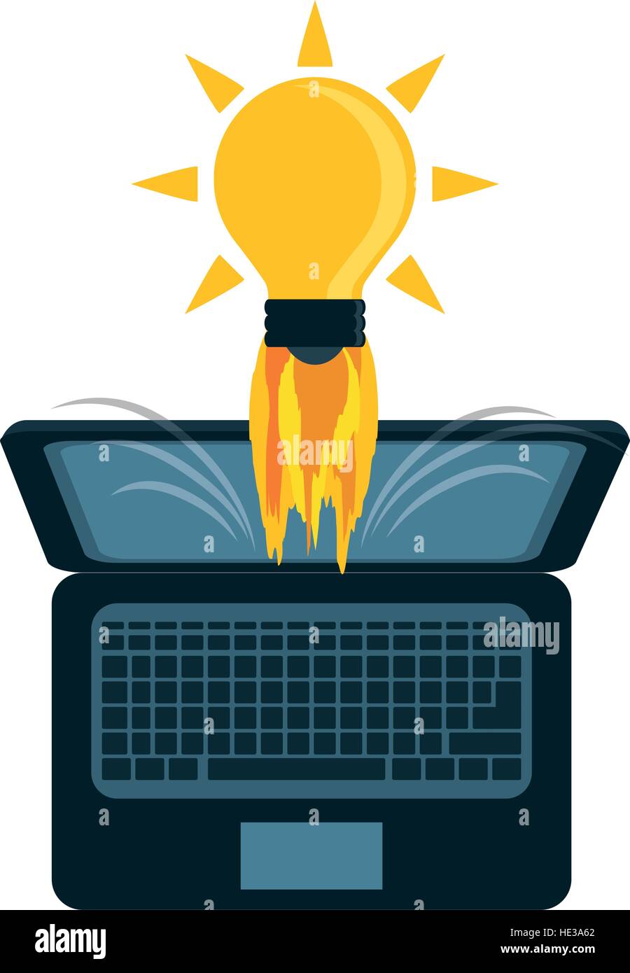 laptop computer with bulb light launching over white background. star ...