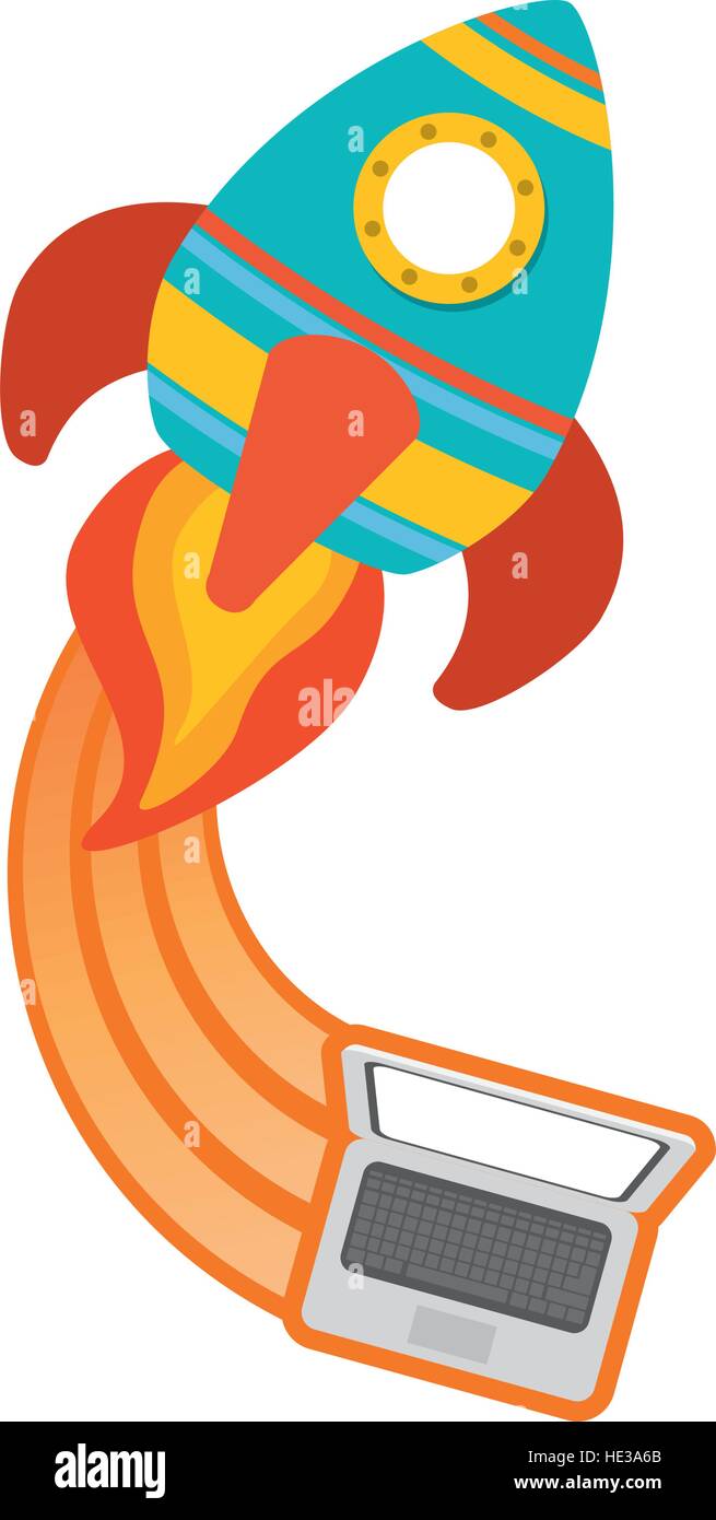 space rocket vehicle and laptop computer icon over white background ...