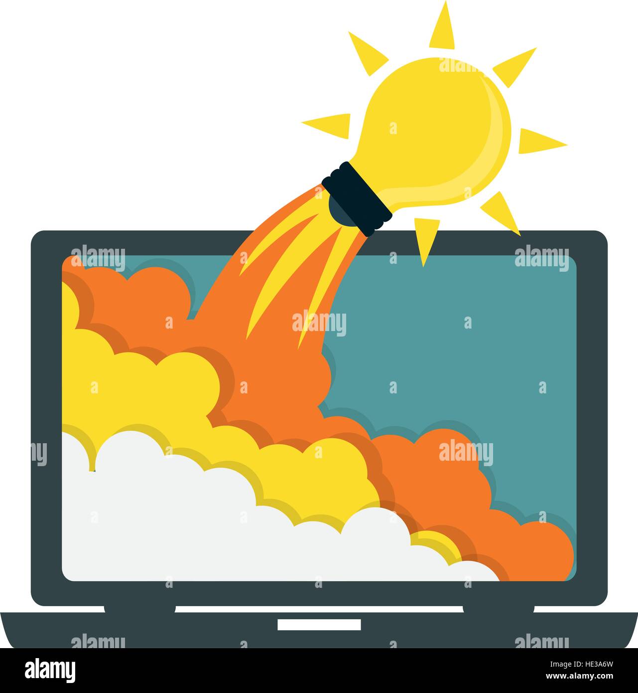 laptop computer with bulb light launching over white background. star ...