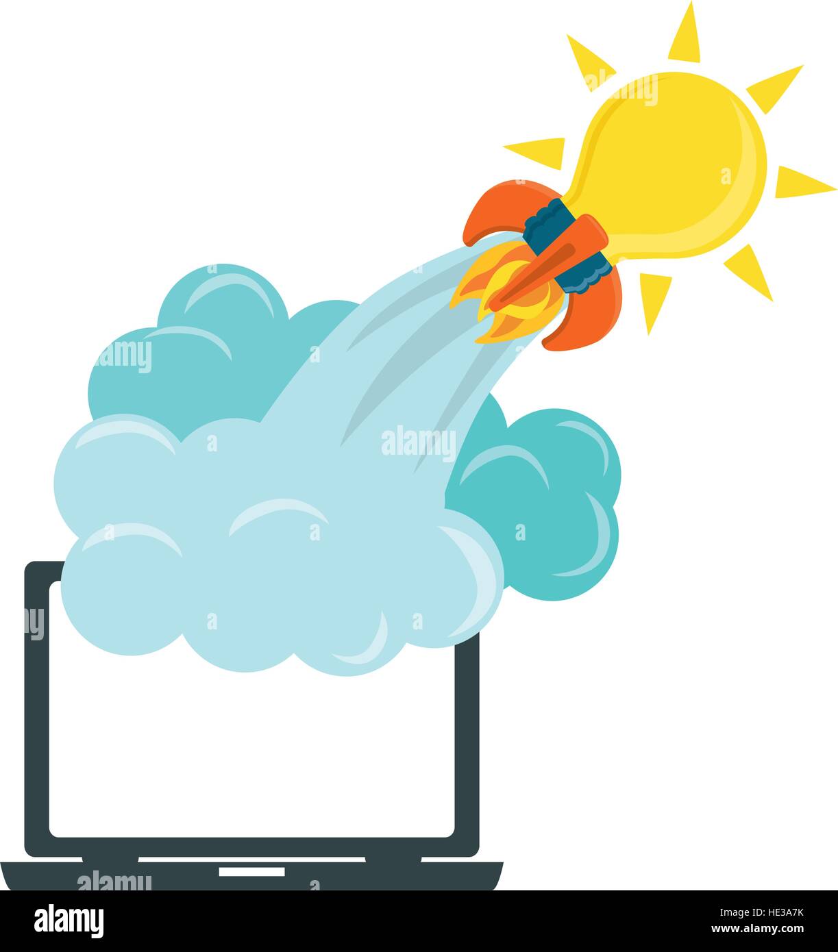 laptop computer with bulb light launching over white background. star ...