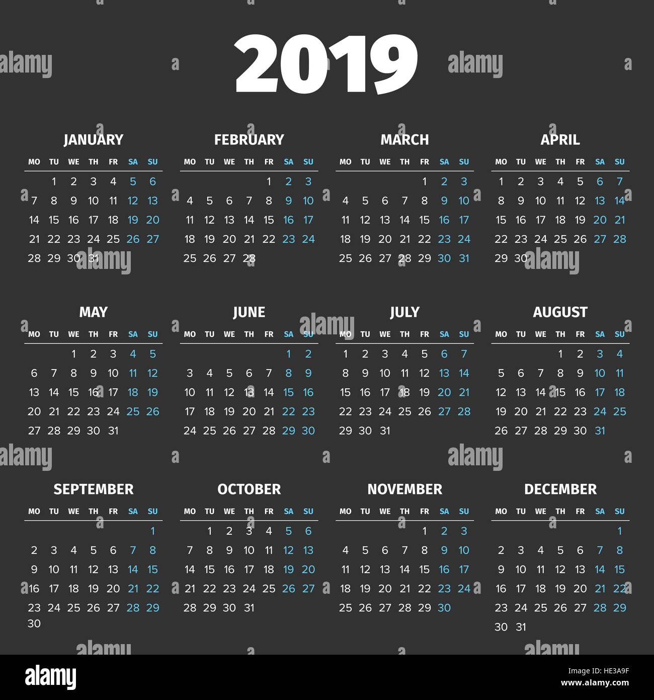 Simple 2019 year calendar Stock Vector Image & Art - Alamy