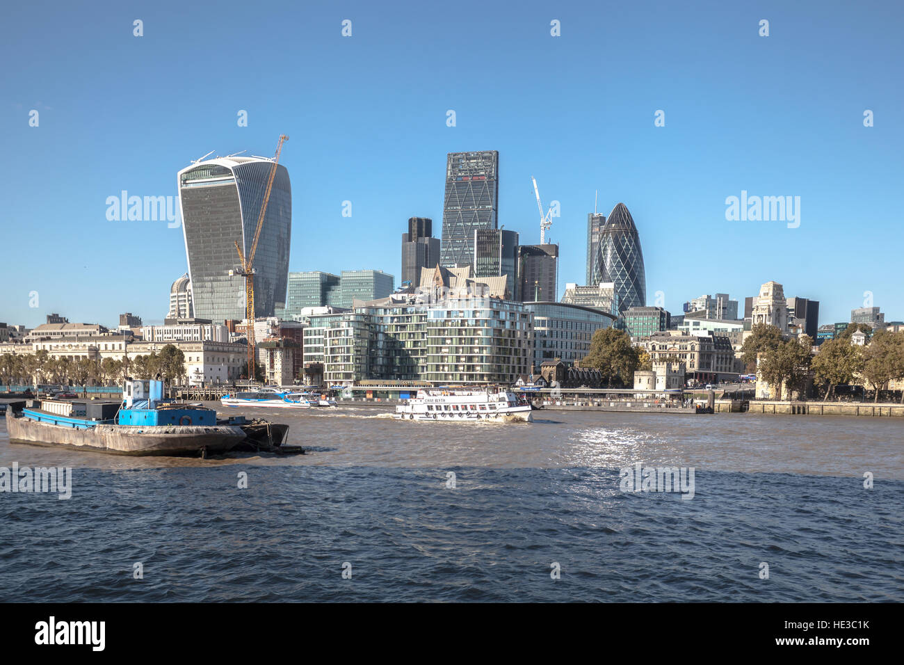 London UK, skyline Thames river and financial district buildings Stock ...