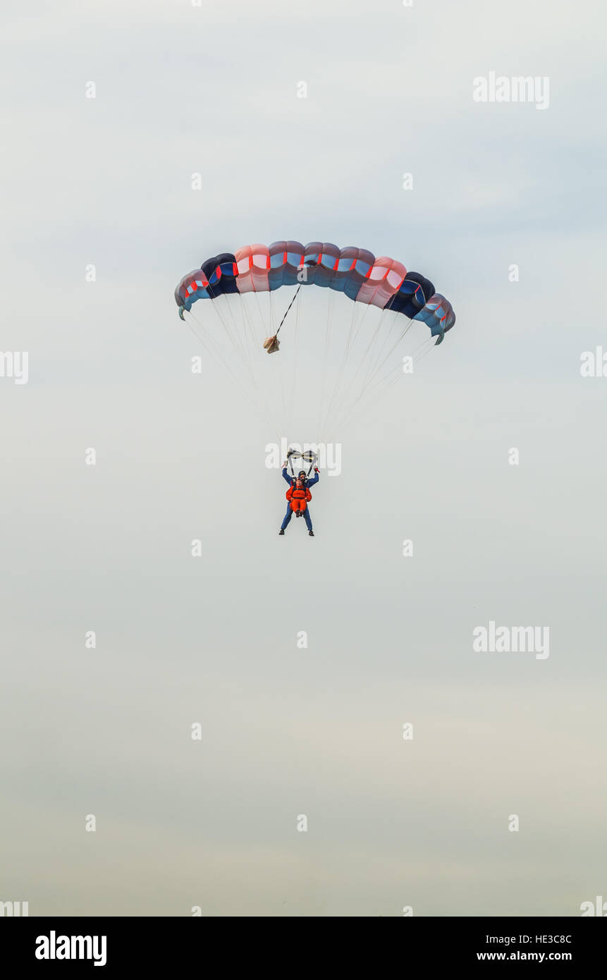 Parachutists - 2014.The skydivers flight under the parachute-tandem ...
