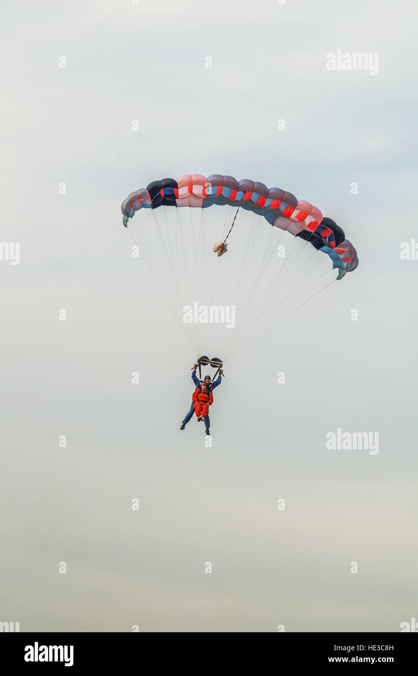 Parachutists - 2014.The skydivers flight under the parachute-tandem ...