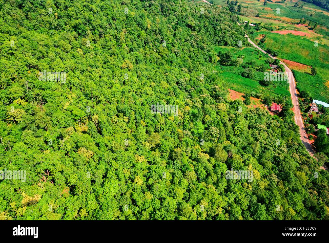 Aerial view over mountain road going through forest landscape Stock ...