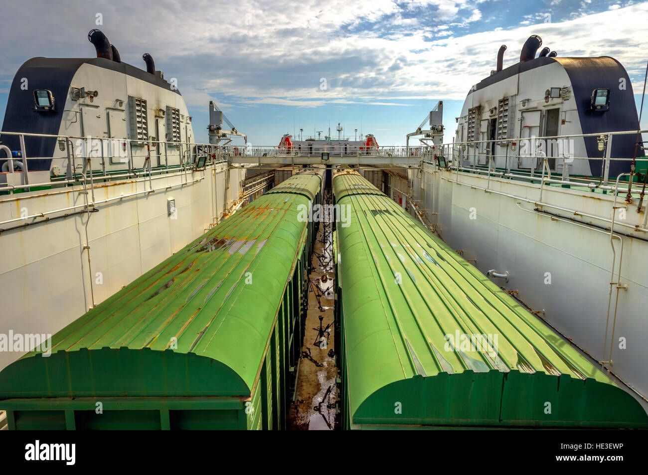 train loaded on the cargo vessel on the sea, HDR photo Stock Photo - Alamy