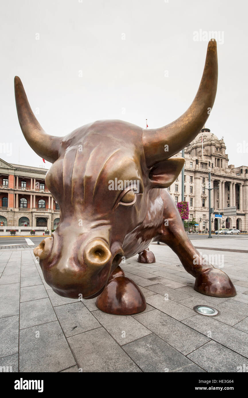 The Bund Bull in front of the Shanghai Pudong Development Bank and ...