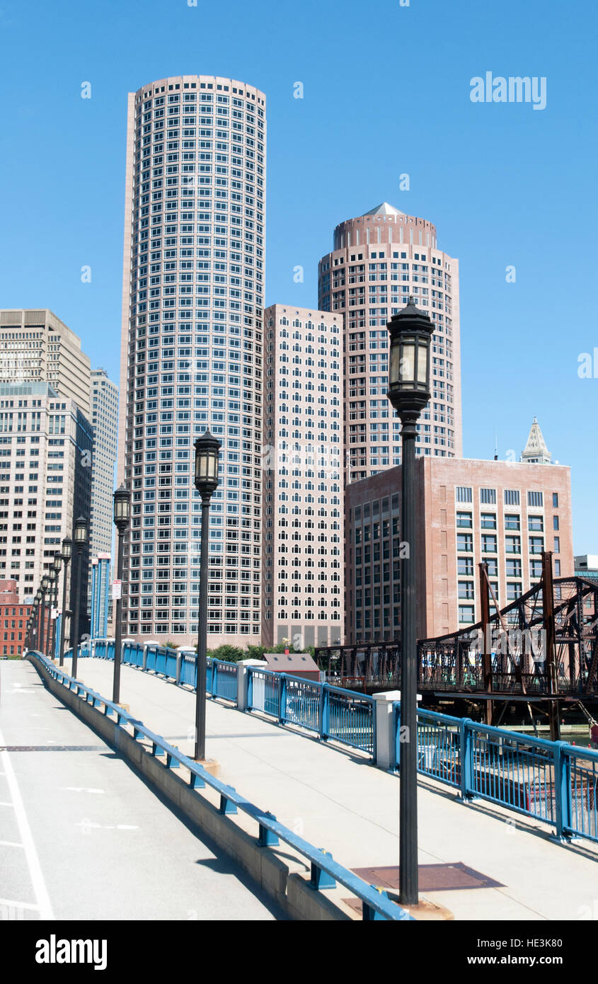 The view of bridge lampposts with Boston downtown skyline in a ...