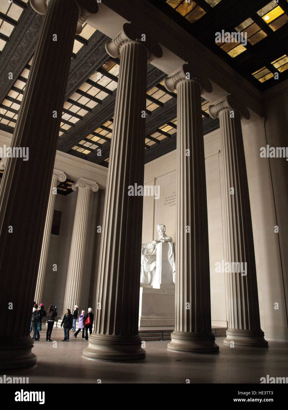 Interior view of the Lincoln Memorial showing columns, light diffusers ...