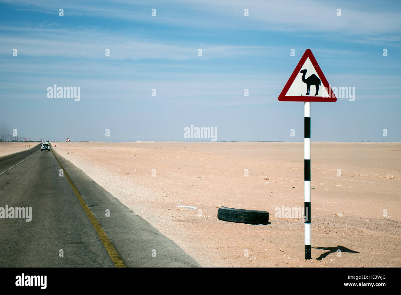 Camel warning sign desert highway in dhofar salalah Oman the Middle ...
