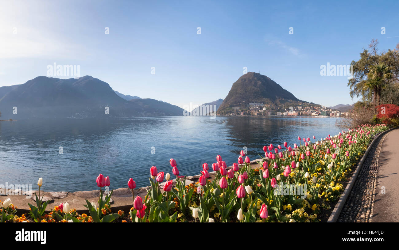 Lugano, Switzerland: Parco Ciani, city garden with fresh flowers of the ...