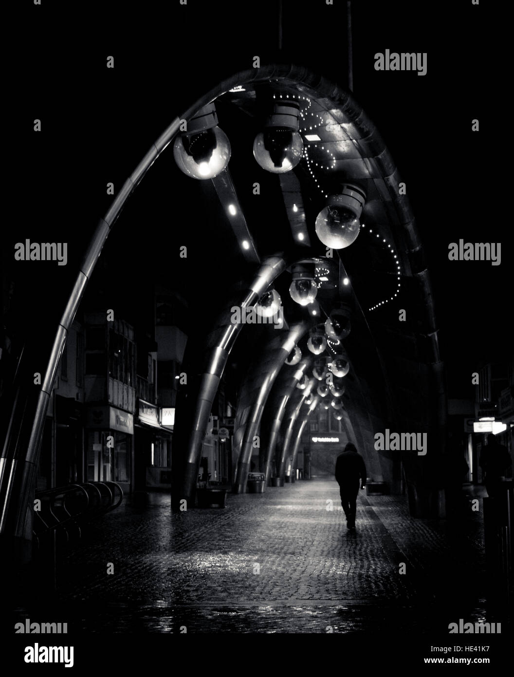 night, street, lights, person, single, solo, shadows, installation ...