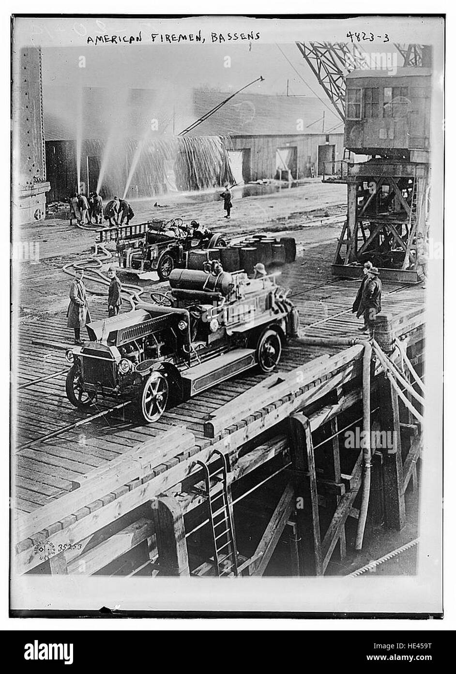 This historical image portrays American firemen in Bassens, showcasing ...