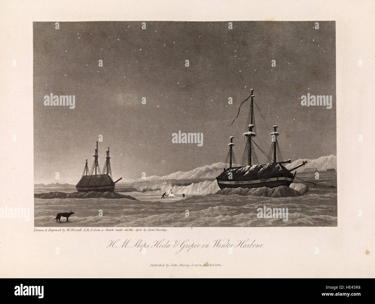 This historic etching depicts HMS Hecla and HMS Griper in Winter ...