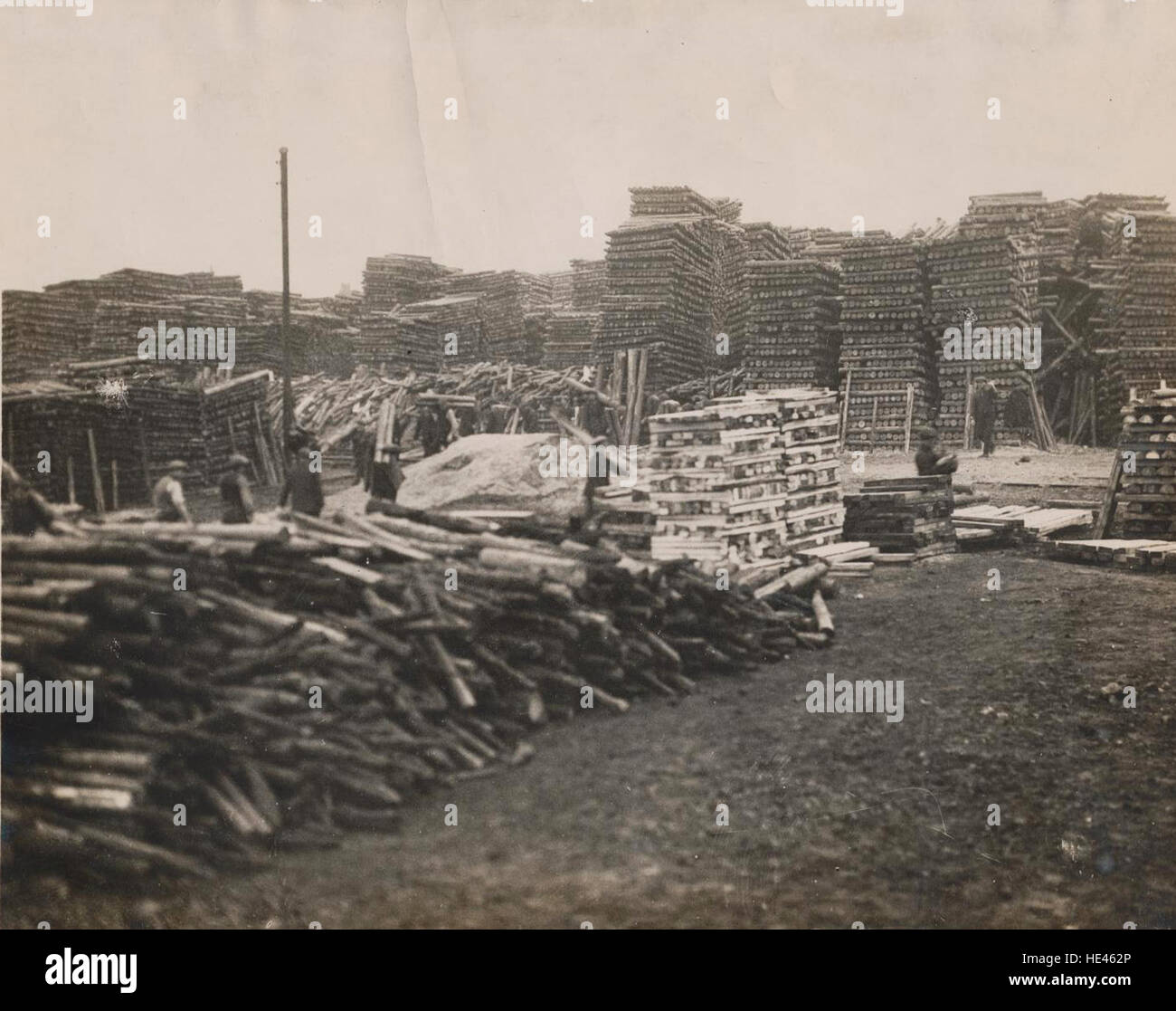 This historic image from 1922 depicts stacked timber at a timber yard ...