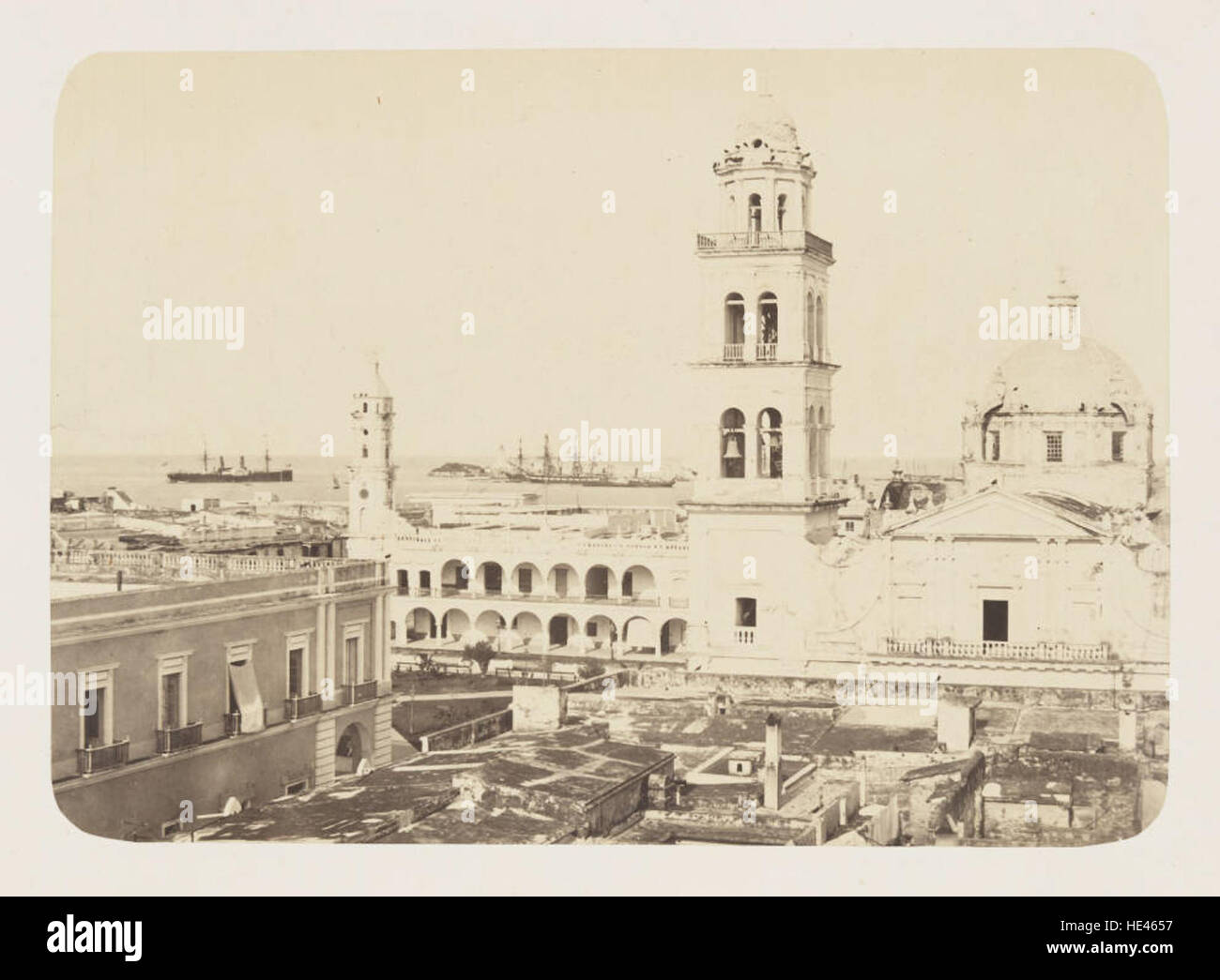 This image depicts the Veracruz Cathedral and the harbor, showcasing ...