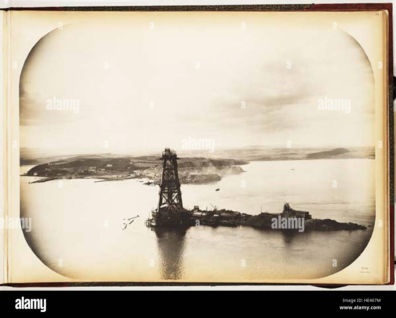 The image depicts a historic bird's-eye view of the Forth Bridge ...