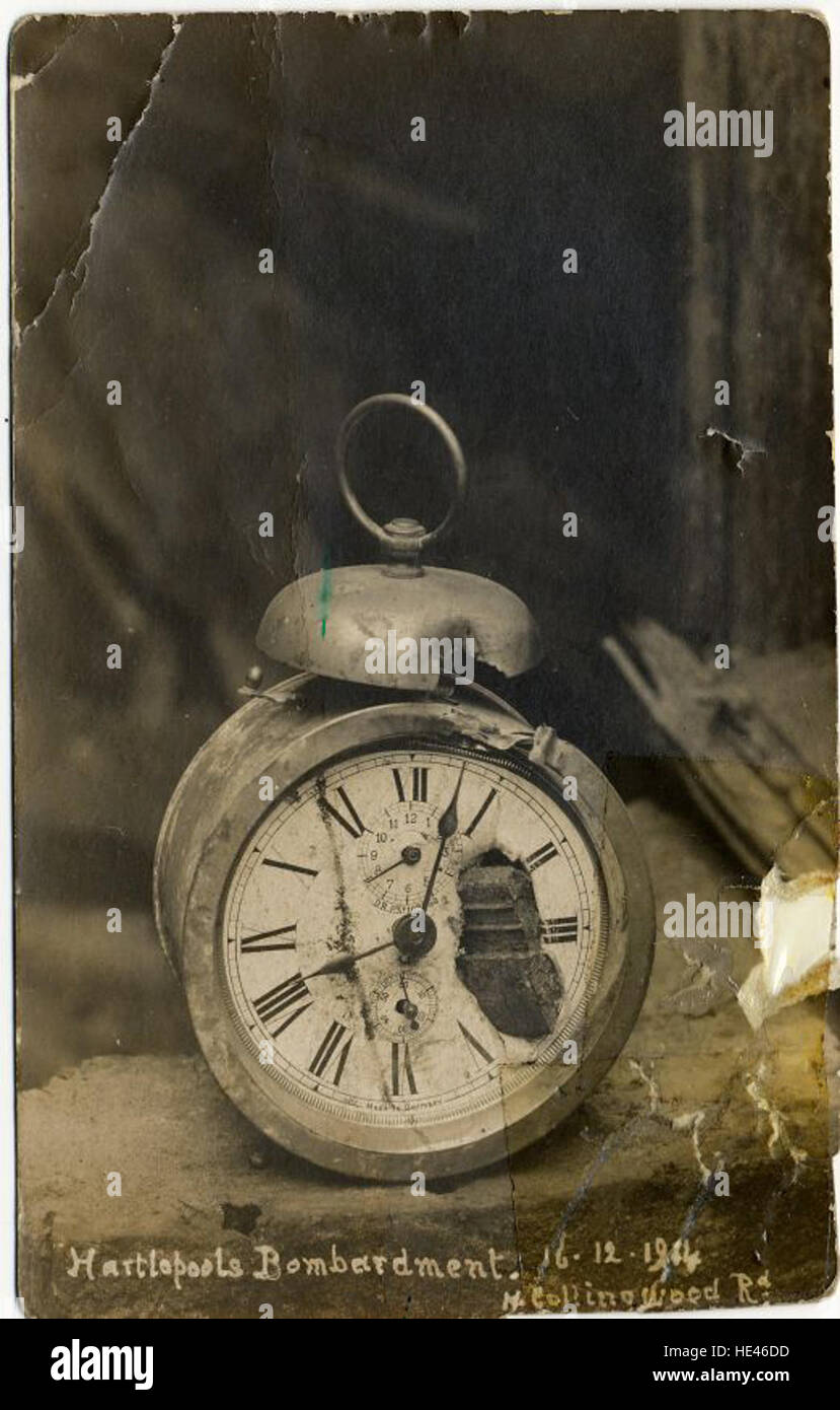 This historical image depicts an alarm clock, marked by its destruction ...