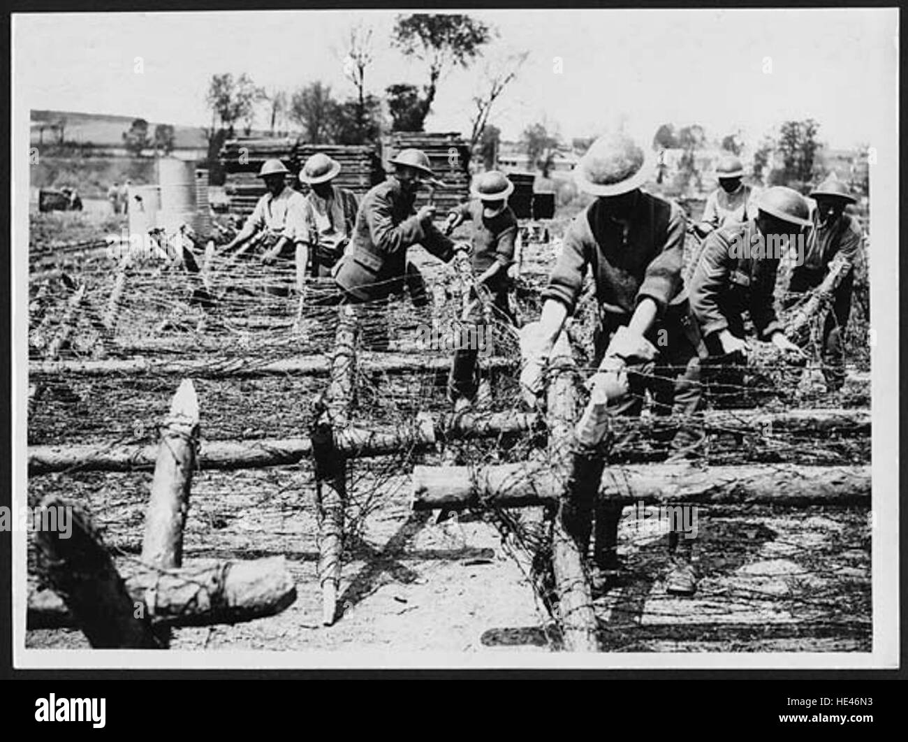 British troops fixing barbed wire to racks which are used Stock Photo ...
